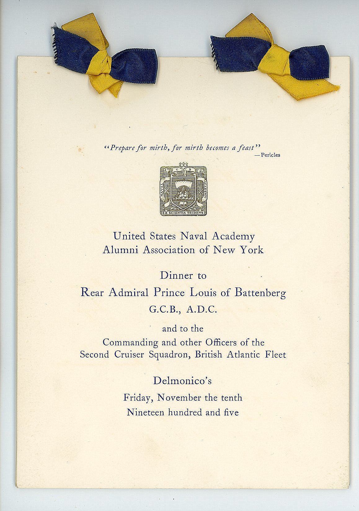 Menu - Dinner to Rear Admiral Prince Louis of Battenberg, G.C.B., A.D.C ...